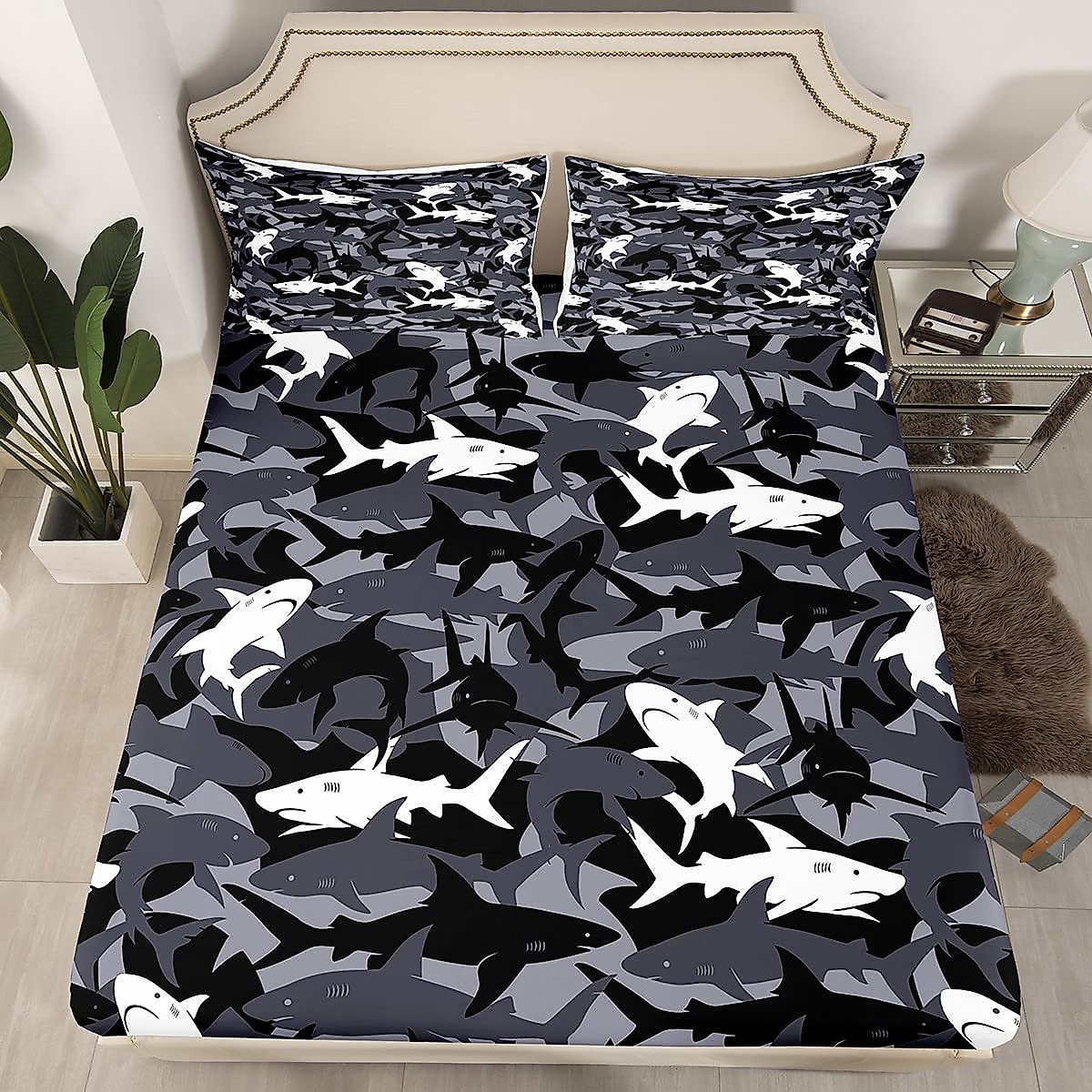 Erosebridal Camo Sharks Fitted Sheet Set Twin Black White Grey Camouflage Ocean Animal Bedding Sets for Kids Boys Teen Cool Shark Bed Sheets,Soft Microfiber Cool Wildlife Top Flat Sheet 1 Pillow Case