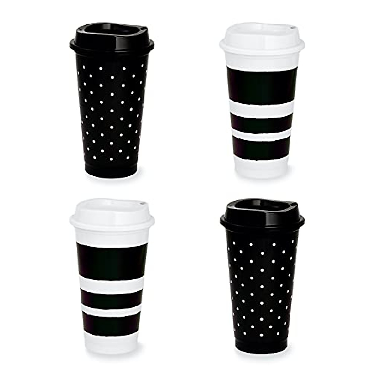 Kate Spade New York Black/White Reusable Travel Tumbler Set of 4, 16 Ounce BPA-Free Plastic Cups with Lids, Coffee Mugs for Hot or Cold Drinks, Dots and Stripes