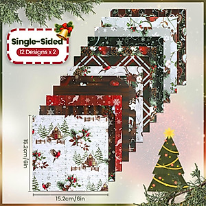 PUIKSXER 6"x6" Merry Christmas Scrapbook Paper Pad, 24 Sheets Plaid Snowflake Deer Pinecone Wood Texture Pattern Paper Single-Sided Holiday Craft Paper for Junk Journal Card Making Album Party Decor