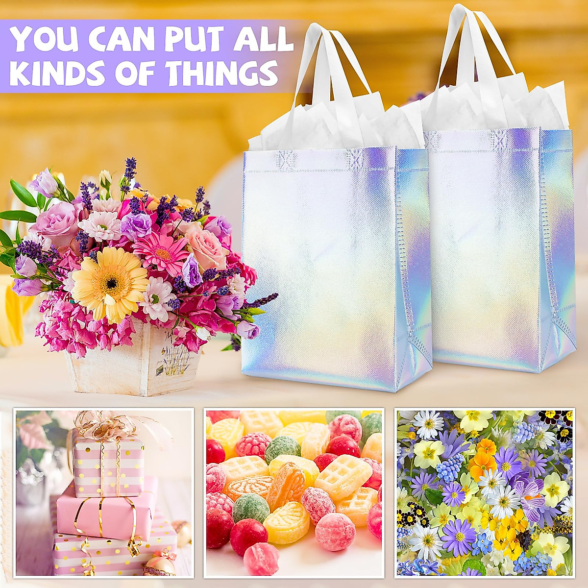 ISUSSER 25 Pack Holographic Gift Bags With White Handles Gift Bags with Tissue Papers Non Woven Reusable Handled Gift Bags Glossy Welcome Bags for Shopping Birthday Party Wedding, 8 x 4 x 10 Inch