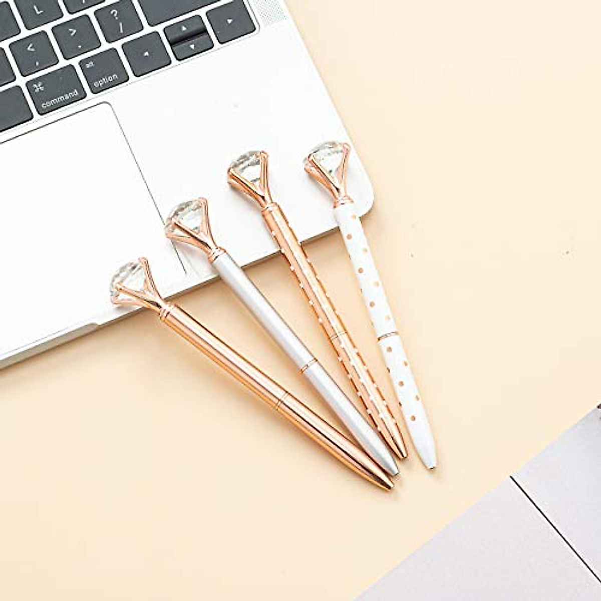 PASISIBICK 4 PCS Diamond Pens Bling Crystal Metal Ballpoint Pen Office Supplies, Rose Gold/Silver/White With Rose Polka Dots/Rose Gold With White Polka Dots, Includes 4 Pen Refills