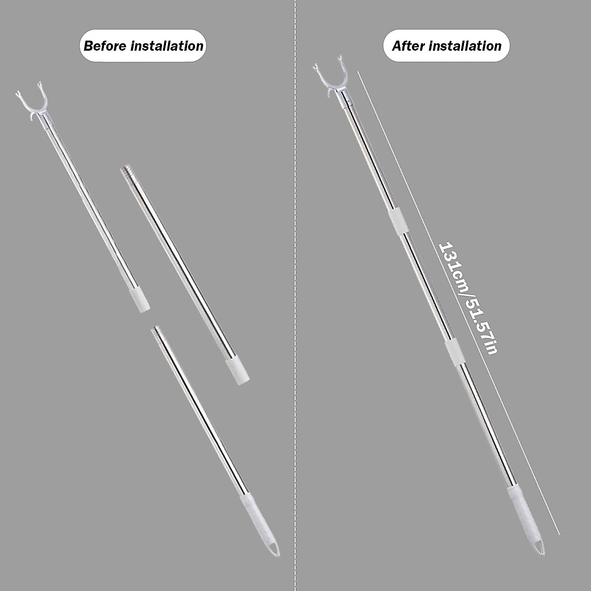 Clothesline Pole 51 Inch Telescoping Pole with Hook Stainless Steel Long Reach Closet Pole with Hook ＆ Non-slip Handle for Ceiling, Shelf Clothes Line Pole Clothing Hanger Telescopic Rod