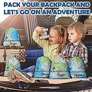 Ferraycle 16 Pieces World Map Drawstring Bags Let the Adventure Begin Travel Farewell Themed Party Decorations Travel Party Candy Goodie Bags for Kids (Classic Style)