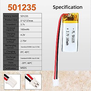 YDL 3.7V 501235 160mAh Lipo battery Rechargeable Lithium Polymer ion Battery Pack with PH2.0mm JST Connector