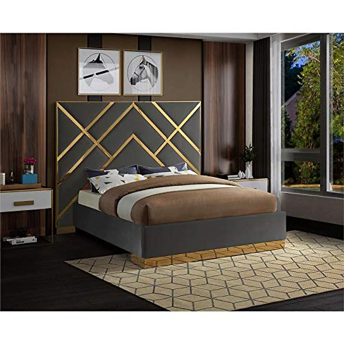 Meridian Furniture VectorGrey-K Vector Collection Modern | Contemporary Velvet Upholstered Bed, Custom Gold Metal Base and Polished Gold Metal Design, 97.5" W x 85.5" D x 68" H, Grey, King