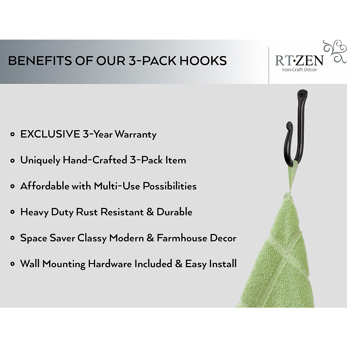 RTZEN Wall Mount J Hook - Wrought Iron Decorative Wall Hooks for Hanging Things - Handcrafted Classic Wall Mounted Black Coat Hooks - Farmhouse Towel Hooks Robe Hooks or Hat Hooks - 3 Pack
