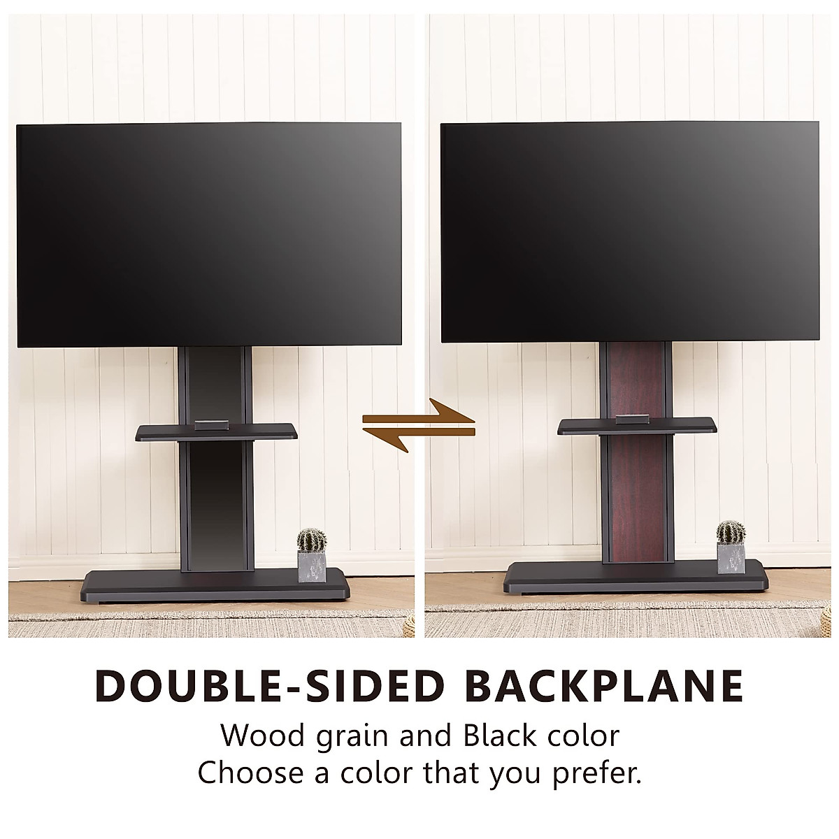 FITUEYES Universal Floor TV Stand with Swivel Height Adjustable Mount for 32 43 50 55 65 75 inch TVs, Mid Century Modern Corner TV Stand with Flexible Shelf for Living Room Bedroom (Black & Walnut)