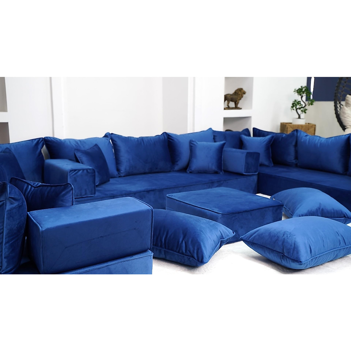 8" Thickness Royal Blue U Shaped Floor Seating Sofas, Sofa Bed Couch, Luxury Velvet Sofas, Moroccan Home Decor Livingroom Sofas, Arabic Seating Sofa (U Sofa + Ottoman + Pillows)