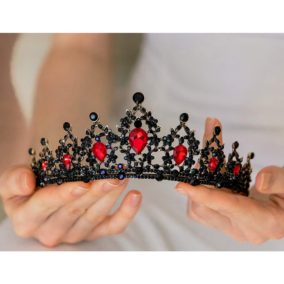 SWEETV Jeweled Tiaras and Crowns for Women, Red Crystal Queen Crown, Black Wedding Tiara for Bride, Metal Birthday Quinceanera Pageant Prom Headpieces,Delilah