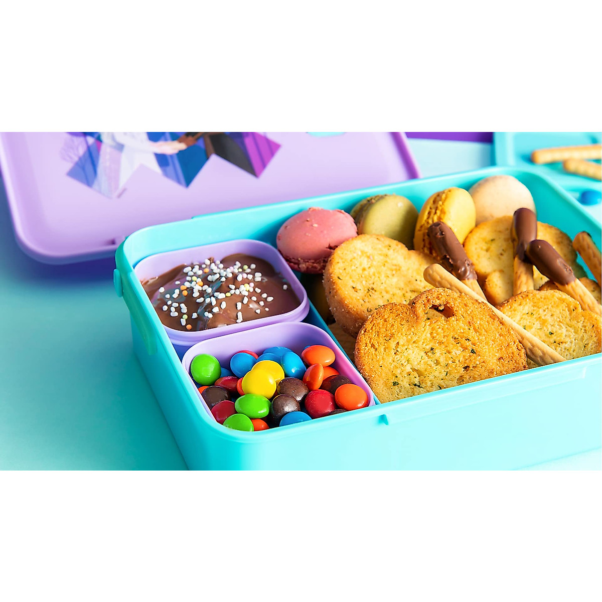 Zak Designs Disney Frozen 2 Reusable Plastic Bento Box with Leak-Proof Seal, Carrying Handle, Microwave Steam Vent, and Individual Containers for Kids' Packed Lunch (3 PCs Set, Anna & Elsa)