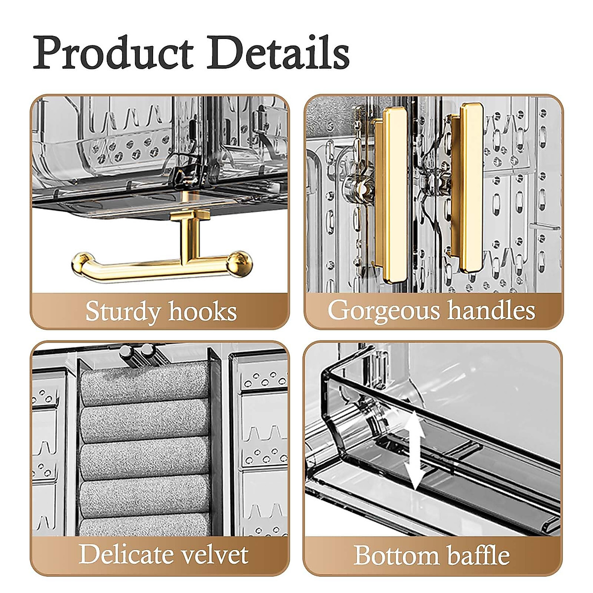 Qryval Wall Mounted Jewelry Organizer, No Punching Installation, Hanging Jewelry Organizer Box and Storage Case, Necklace Earring Holder Organizer Wall for Women Teen Girls (Gray Gold)