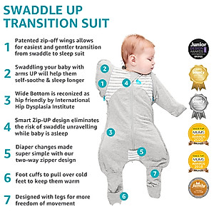 Love to Dream Swaddle UP Transition Suit Extra Warm 3.5 TOG, Grey, Large, 19-24 lbs, Patented Zip-Off Wings & Self-Soothing Wings, Gently Help Baby Safely Transition from Being Swaddled to Arms Free