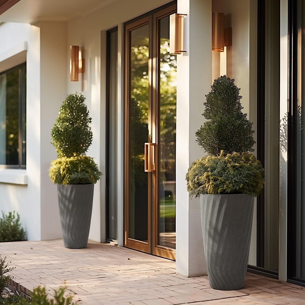 LA JOLIE MUSE 24 Inch Tall Planters, Set of 2 Grey Tree Planters with Shelf Insert, Morden Large Round Plant Pots Containers for Indoor/Outdoor, Front Door, Patio and Deck