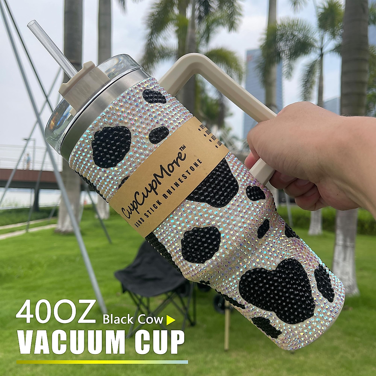 Cupcupmore 40oz Black Cow Bling Rhinestone Stainless Steel Sippy Tumbler Glitter Vacuum Insulated Water Bottle with Straw & Lid & Handle,Thermos for Hot & Cold Drinks,Car Cup Holder,Coffee