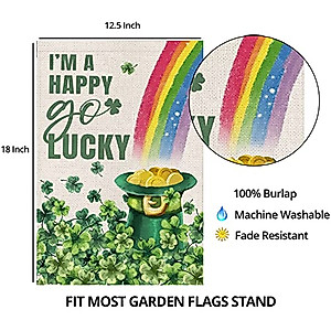 Happy St Patricks Day Garden Flag 12x18 Double Sided,Green Hat with Gold Coin Shamrock Rainbow Small Yard Flag,Spring Saint Patrick Decors for Outside Outdoor Holiday