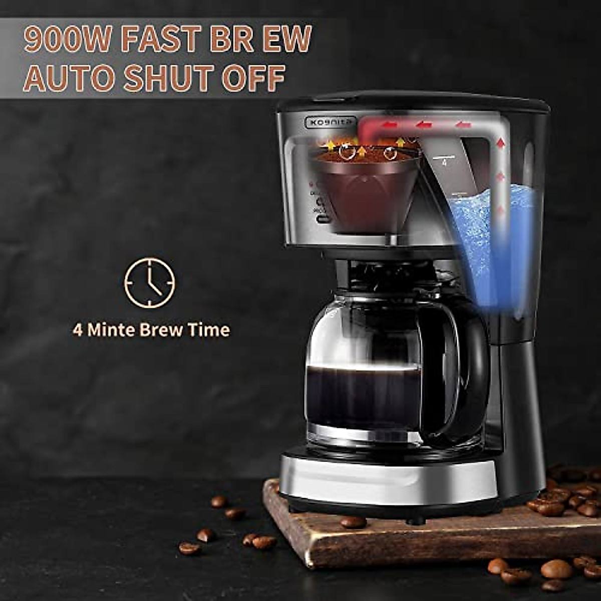 kognita 12 Cup Thermal Coffee Maker, Programmable Small Coffee Maker with Glass Carafe and Filter, Dirp Coffee Maker Coffee Pot Machine, Keep Warm, Brew Strength Control, 900W Fast Brew Auto Shut Off