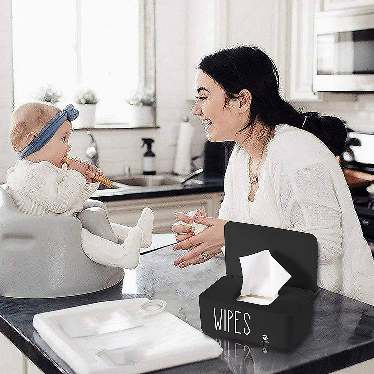 Moorfowl Baby Wipe Dispenser for Bathroom, Upgarde Design(8.2L x 4.9W x 3.9H inches), Minimalist Wipes Holder Container Flushable (Black-New)