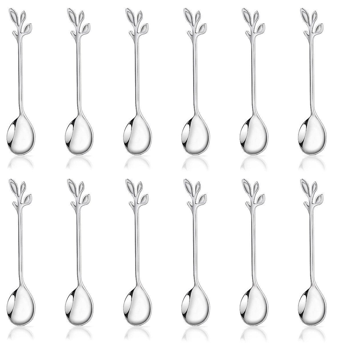 IFeico Mini Coffee Spoons, Food Grade Stainless Steel Tea Spoons, 4.7 inch Silver Leaf Dessert Spoons for Home, Kitchen Tableware, Demitasse Espresso Spoons, Dishwasher Safe, Set of 12