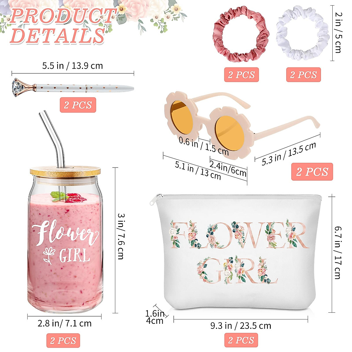 Meanplan 16 Pcs Be My Flower Girl Proposal Gifts Set Flower Girl Tumbler with Straws Makeup Bag Sunglasses Hair Ring Diamond Pen Envelope Card for Wedding Bridal Shower(Pink Series)