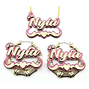 Name Necklace Plate Personalized Custom Nameplate and 1.5" Bamboo Gold Earrings With Swirls Heart and Crown on Top Jewelry Set Color Choice Laser Cut Gold Script Cursive Letters, Quality Gold Chain