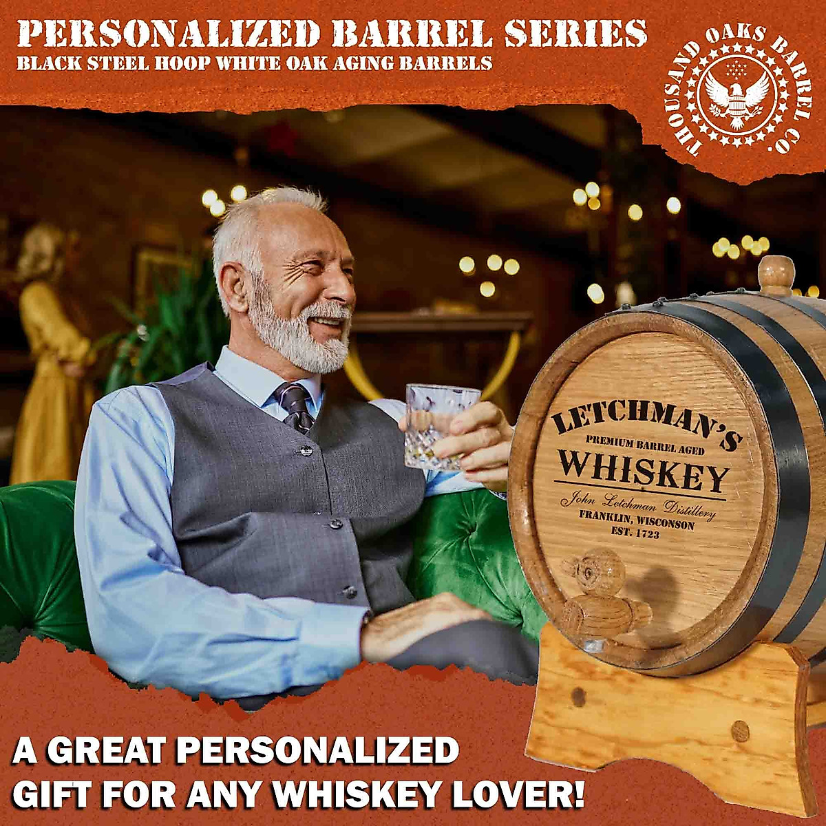 Personalized 20 Liter Oak Aging Barrel (5 gallon) with Stand, Bung and Spigot | Age Cocktails, Bourbon, Rum, Tequila, Beer, Wine and More! | Laser Engraved P5 Custom Whiskey Barrel Design