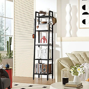 YMYNY 5 Tiers Ladder Bookcase, Industrial Narrow Bookshelf, Open Display Rack with 4 S Hooks, Metal Storage Shelves for Bedroom, Home Office, Living Room, Black, 63H*13.4L*11.8W, UHBC025B