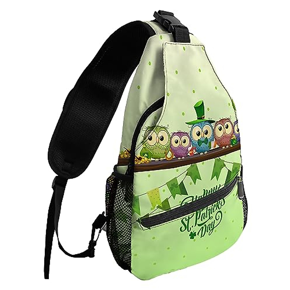 Sling Backpack, St. Patrick's Day Owls Banners Balloons Green Waterproof Lightweight Small Sling Bag, Travel Chest Bag Crossbody Shoulder Bag Hiking Daypack for Women Men