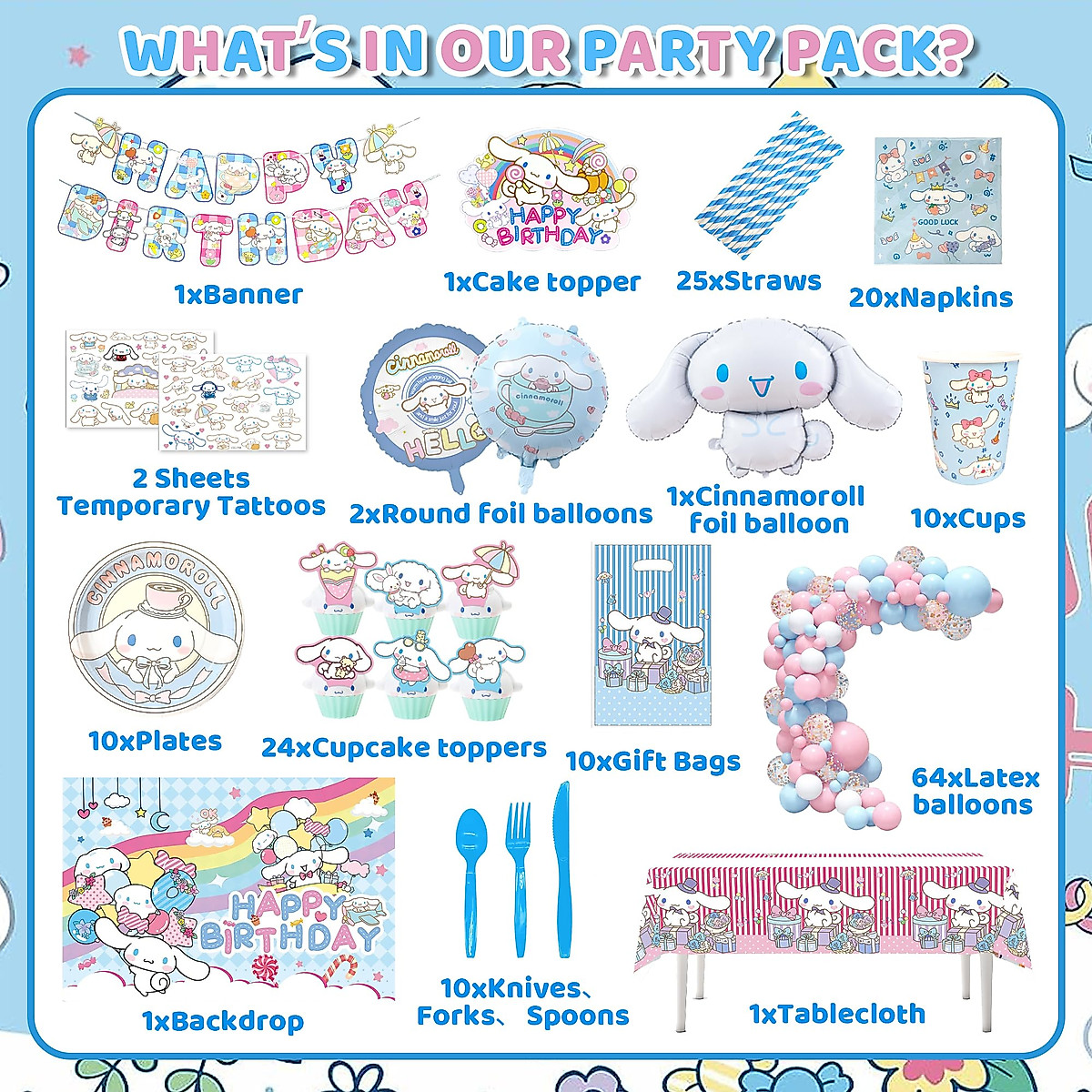 202PCS Cute Birthday Party Supplies, Kawaii Birthday Party Decorations include Banner, Latex Balloons, Backdrop, Cake Topper, Tableware, Plates, Napkins, Temporary Tattoos for Kids Birthday