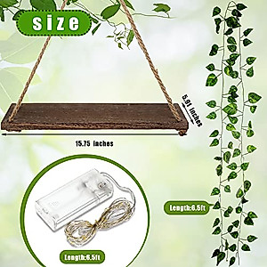 Artificial Ivy Garland LED Strip Wall Hanging Shelves Set of 3 Hanging Plant Shelf Wall Hanging Shelf for Bedroom Bathroom Living Room Kitchen, Wood Hanging Plant Shelves for Wall Decoration
