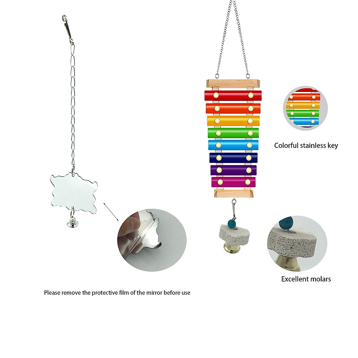 KIEYYRYT 6 Packs Chicken Toys for Coop Accessries, Chicken Swing Toys for Chicken Hens, Chicken Xylophone Toys and Mirror, Vegetable Hanging Feeder, Veggies Skewer