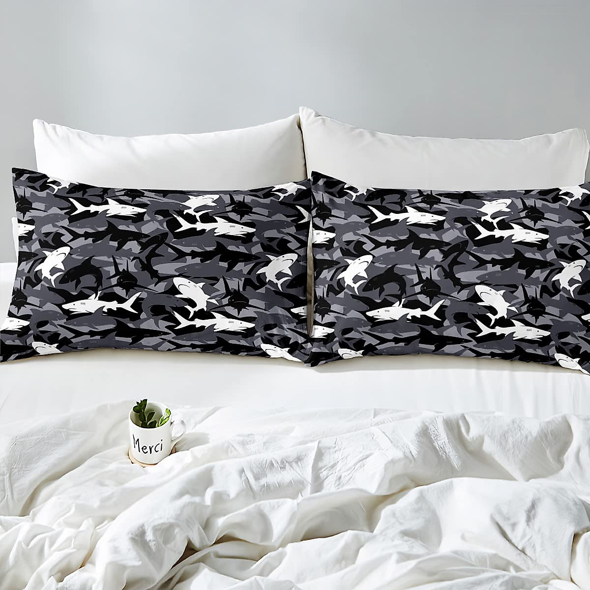 Erosebridal Camo Sharks Fitted Sheet Set Twin Black White Grey Camouflage Ocean Animal Bedding Sets for Kids Boys Teen Cool Shark Bed Sheets,Soft Microfiber Cool Wildlife Top Flat Sheet 1 Pillow Case