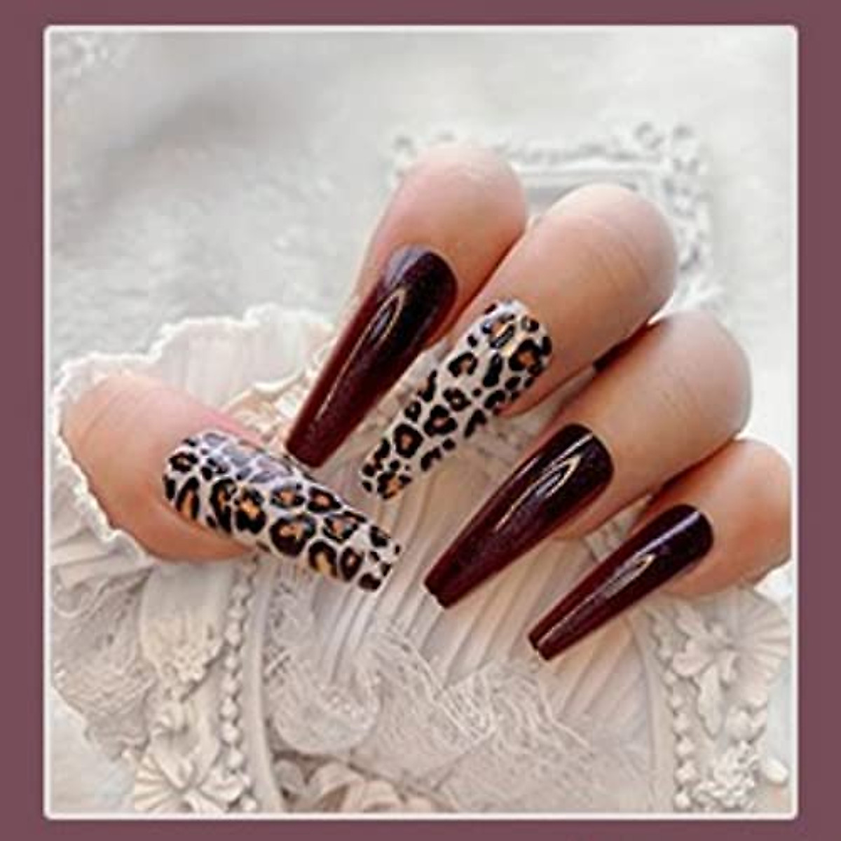 Dr Comfy Long French Press on Nails Coffin, Brown Ballerina Fake Nails with Leopard Print Design, Full Cover Acrylic False Nails for Women and Girls 24PCS…