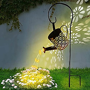 Solar Watering Can Lights Outdoor, Fairy Garden Lights, Hanging Solar Lights Metal Waterproof for Table, Patio, Yard Pathway, Outdoor Decorations with Hollow-Out Flower Design (with Hook and Stand)