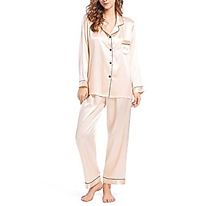 Fivali Womens Silk Satin Pajamas Long Sleeve Pj Set Two-piece Sleepwear Silky Button-down Nightwear Soft Loungewear Sets, L Champagne