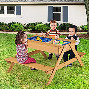 HONEY JOY Kids Picnic Table, 3 in 1 Convertible Sand & Water Table with 2 Storage Boxes & Removable Tabletop, Wooden Outdoor Table and Bench Set for Backyard, Kids Activity Play Table, Natural