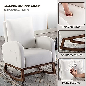 Rocking Chair Nursery Glider Rocker Chair High Backrest Upholstered Velvet Accent Armchair with Side Pocket for Living Room Bedroom Office (Cream)