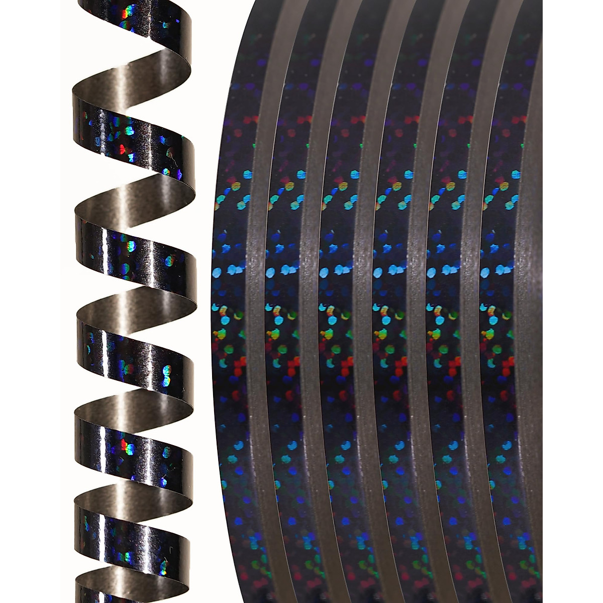 PartyWoo Black Ribbon, 600 Yards Curling Ribbon for Balloons, Iridescent Crimped Ribbon, Shiny Curling Ribbon for Craft, Ribbon for Gift Wrapping, Wedding, Florist Flower (6 Rolls, 100 Yards/Roll)