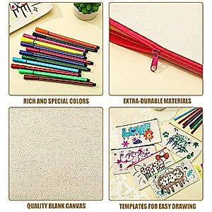 QUEEN KING 44 Pieces Blank Craft DIY Canvas Bags, 24pcs Canvas Zipper Pouch Bags and 8pcs White Template with 12pcs Watercolor Pens, Canvas Pencil Pouch Canvas Makeup Bags for Girls Teens (4.7*8.3in)