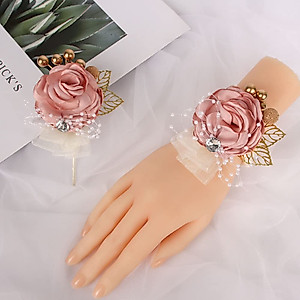 WANLIAN Rose Wrist Corsage Wristlet Band Bracelet Boutonniere,Wrist Corsage Hand Flowers Decor for Wedding Bridal Prom Party Accessories (Pink)