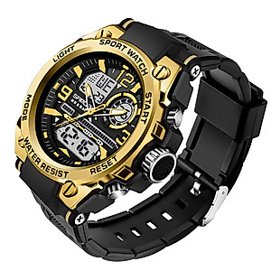 Military Watches for Men Tactical Waterproof Outdoor Sports Watch Analog Digital Multifunction Dual Display Mens Wristwatch (Gold black)