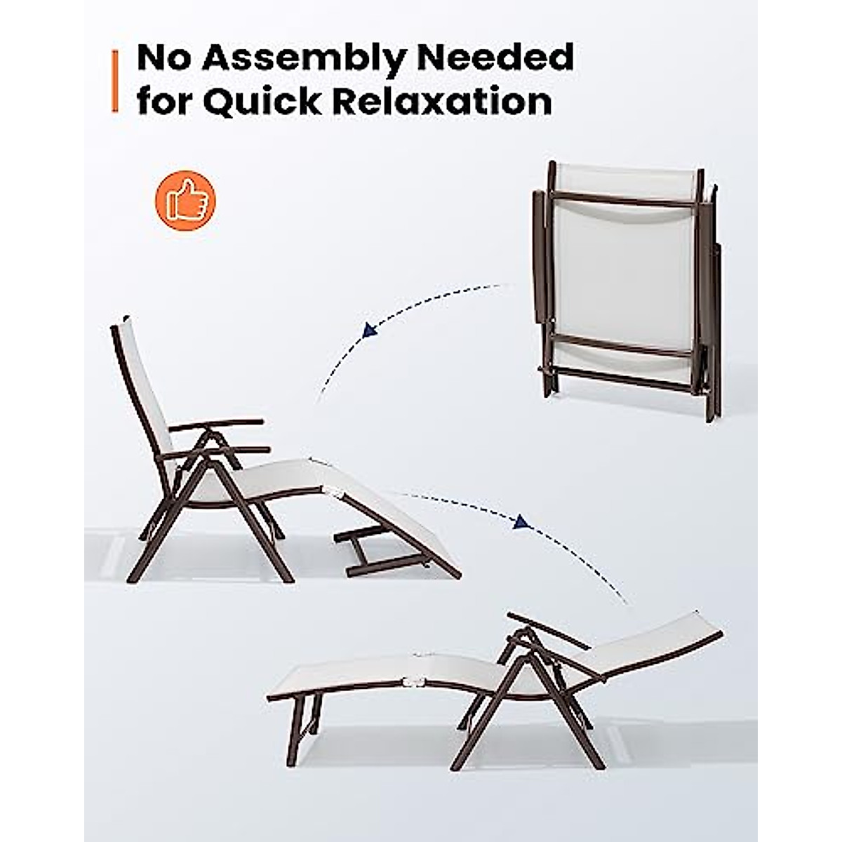 Pellebant Aluminum Patio Chaise Lounge Chair, Adjustable Chair for Outside with 8 Backrest Positions, Brown Frame, Folding Outdoor Recliners All Weather for Beach, Pool and Yard, Light Grey