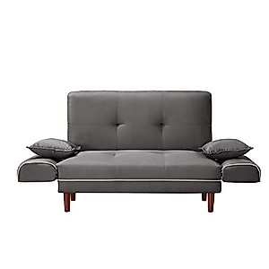 Convertible Futon Sofa Bed with 2 Pillows, Sleeper Sofa Futon Couch, Recliner Couch with Adjustable Armrest and Wood Legs, Living Room Sofa with 5-Angle Backrest for Small Space (Grey)
