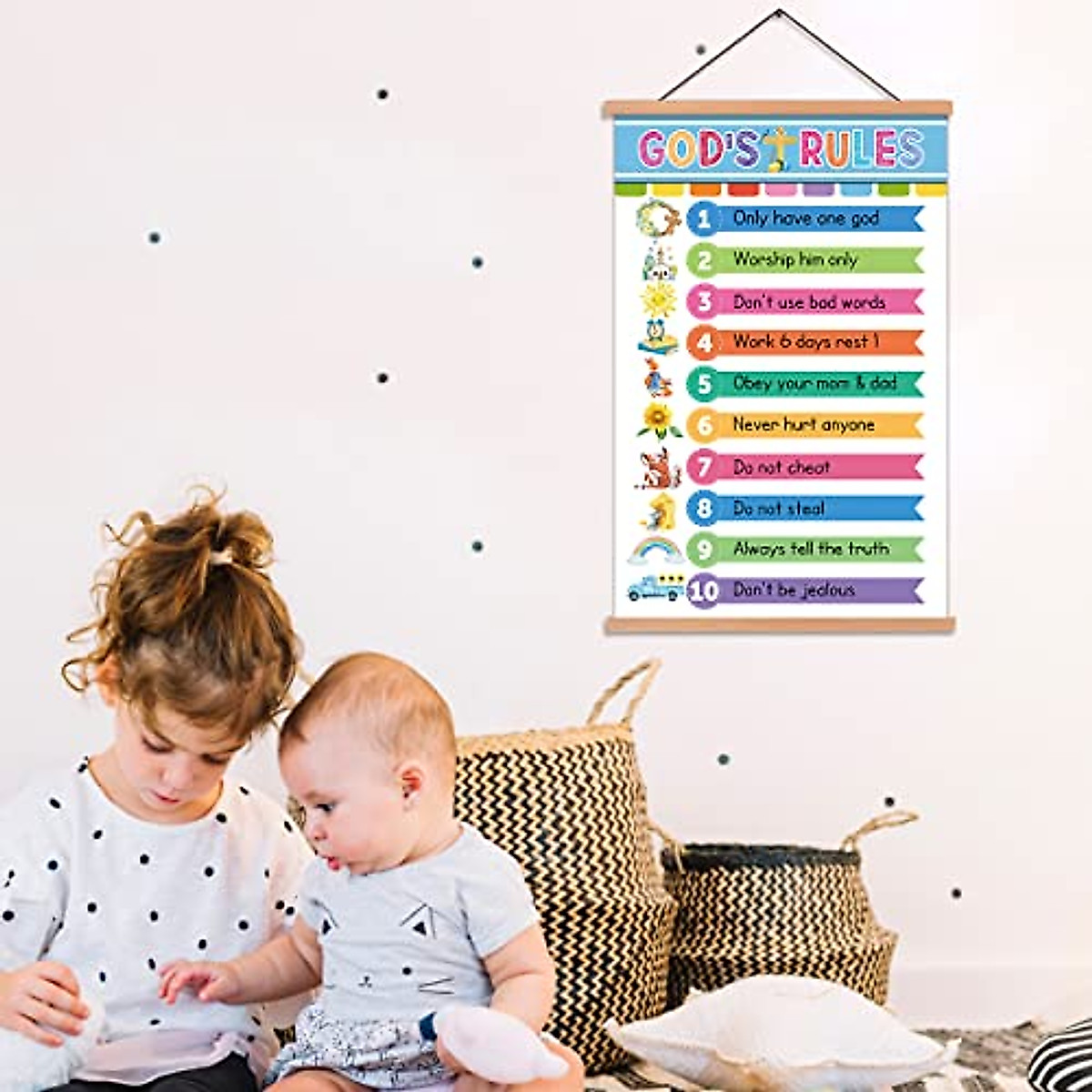 KAIRNE God’s Scripture Art Print With Wood Magnetic Poster Hanger, Christian Hanging Pictures Bible Verses Church Poster(35X56CM) Sunday School Educational Wall Art Kids Rules For Home Decor