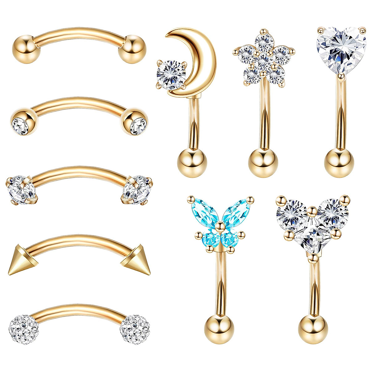 Drperfect 10Pcs 16G Rook Daith Earrings for Women Stainless Steel Belly Lip Ring Cartilage Tragus CZ Body Piercing Curved Barbell Eyebrow Rings 6-8mm