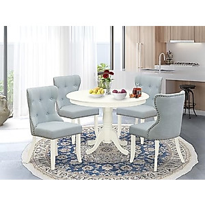 East West Furniture HLSI5-LWH-15 5 Piece Dinette Set Includes a Round Dining Room Table with Pedestal and 4 Baby Blue Linen Fabric Upholstered Parson Chairs, 42x42 Inch, Linen White