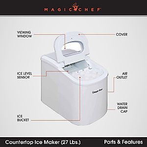 Magic Chef Portable Countertop Ice Maker, Small Ice Maker for Kitchen or Home Bar, Tabletop Ice Maker for Entertaining, 27-Pound Capacity, White