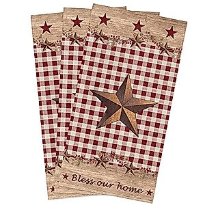 ArneCase Kitchen Towels Super Soft Dish Towels Bless Our Home Western Texas Star with Berries on Retro Red Plaid Heat-Insulation Dish Cloths for Cooking, Cleaning 3PCS-18x28 inch