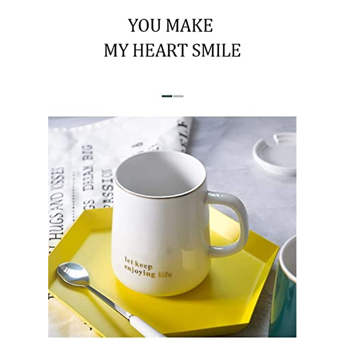 Ceramic Mug Birthday Gifts for Women China Tea Cups with Spoon Coffee Cup Suitable for Making Tea,Cold Drinks,Hot Drinks,Coffee,Etc(White,14.5oz)