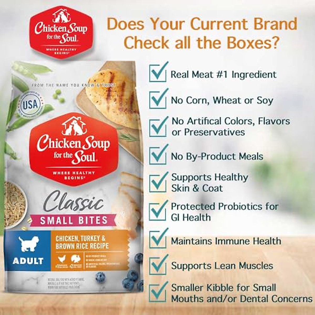 Chicken Soup For The Soul Classic Dry Small Bites Adult Dog Food, Chicken, Turkey & Brown Rice Recipe, 4.5 Pound Bag | Soy, Corn & Wheat Free, Small Breed Dog Food Made with Real Ingredients