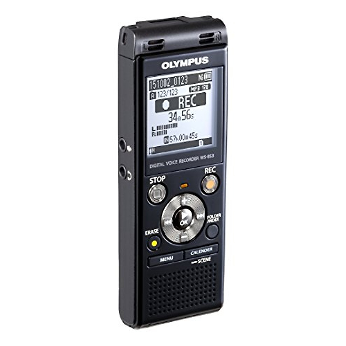 Olympus WS-853 black voice recorder with true stereo mic, 8GB, 110 hours battery life, voice balance, direct USB connection, with MP3 file format.